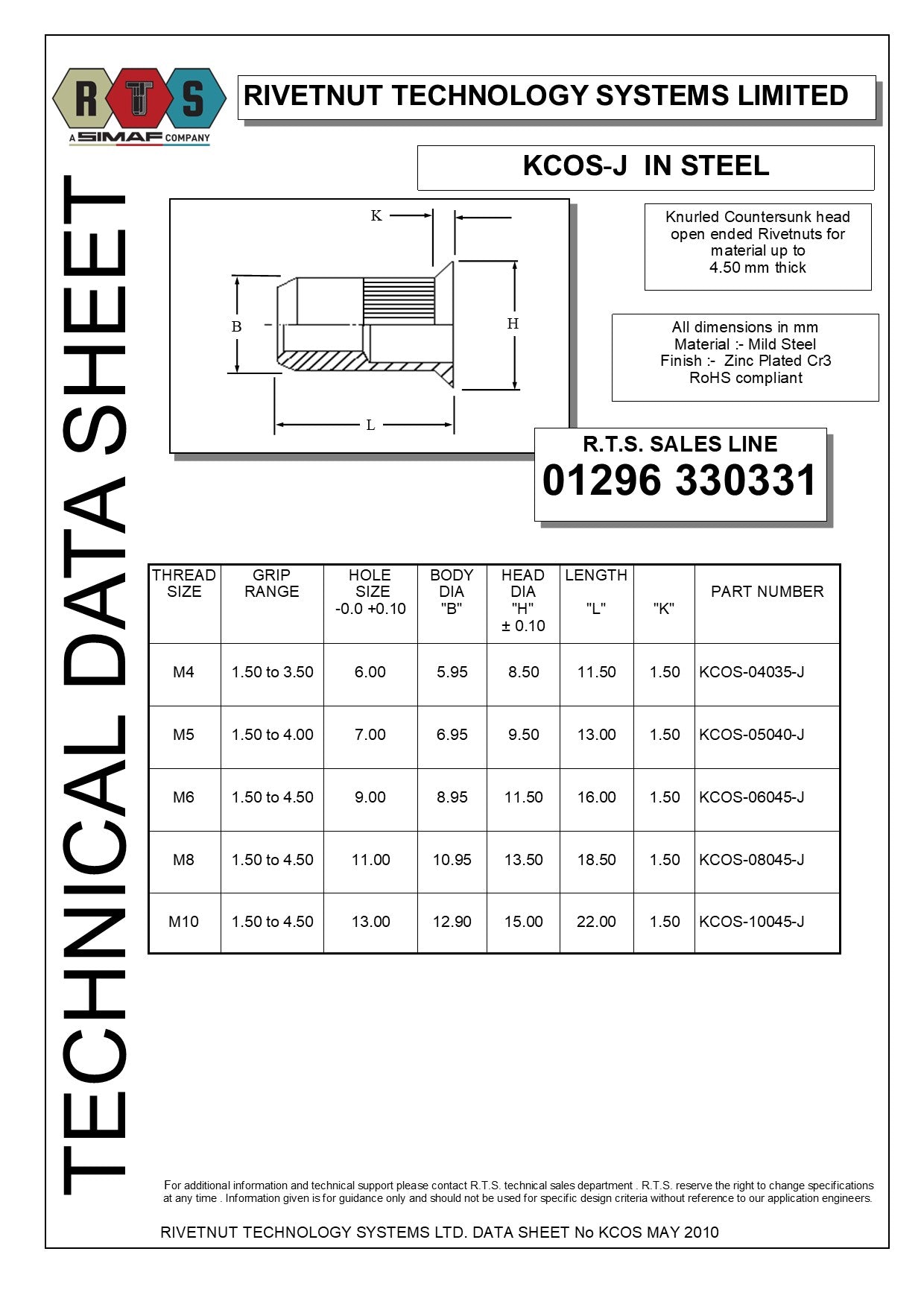 KCOS-CD Steel Open Countersunk Knurled Rivetnut | RTS – Rivetnut ...