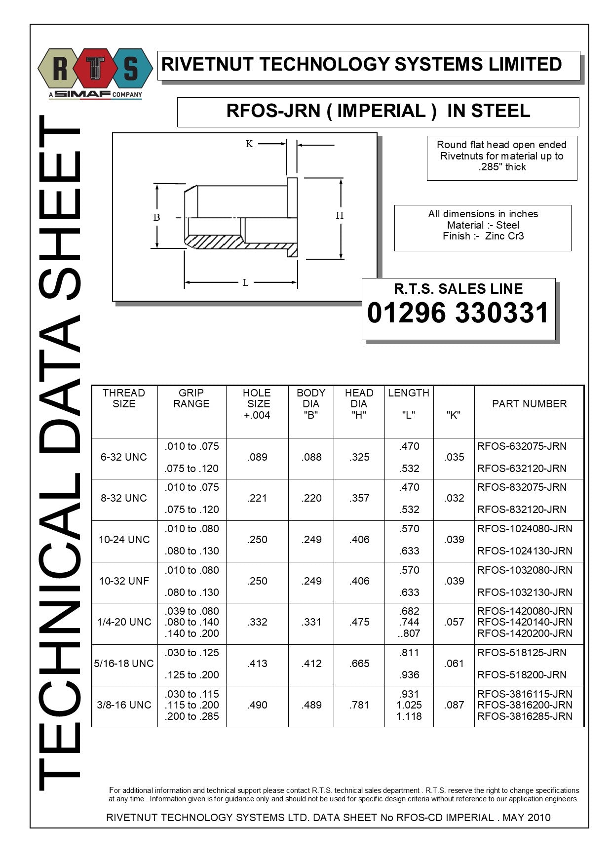 RFOS-JRN IMPERIAL Steel Open Flathead Round Rivetnut - RTS – Rivetnut ...
