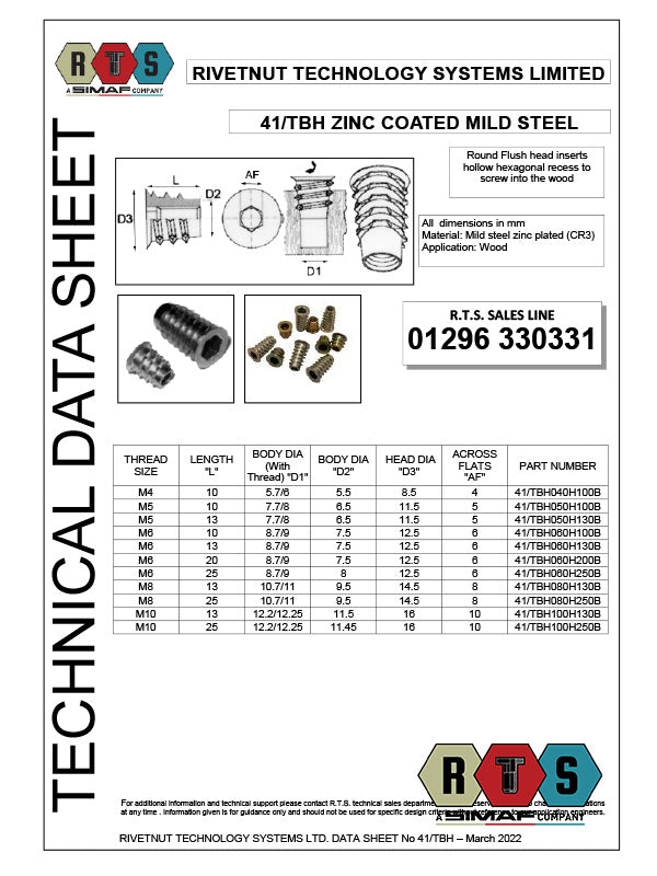 41/TBH Steel Open Hexagonal Recess Round Flush Head Wood Insert ...